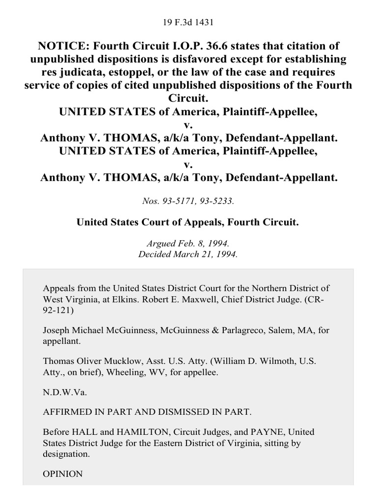 United States v. Anthony v. Thomas, A/K/A Tony, United States of ...