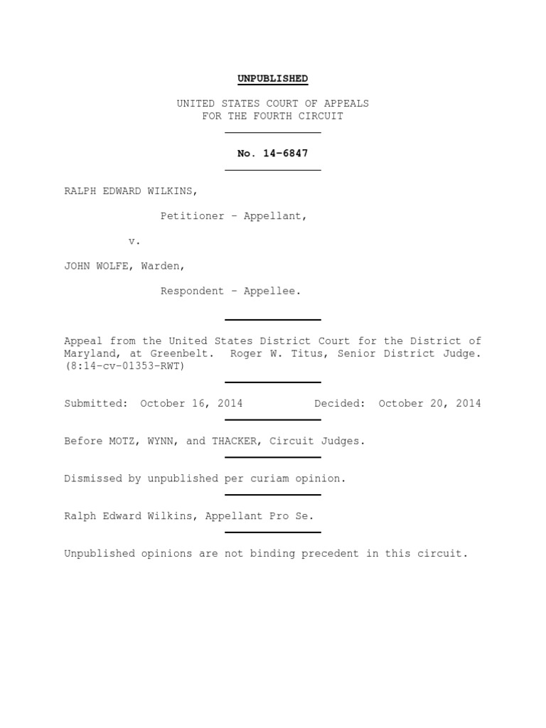 Ralph Wilkins v. John Wolfe, 4th Cir. (2014) | PDF