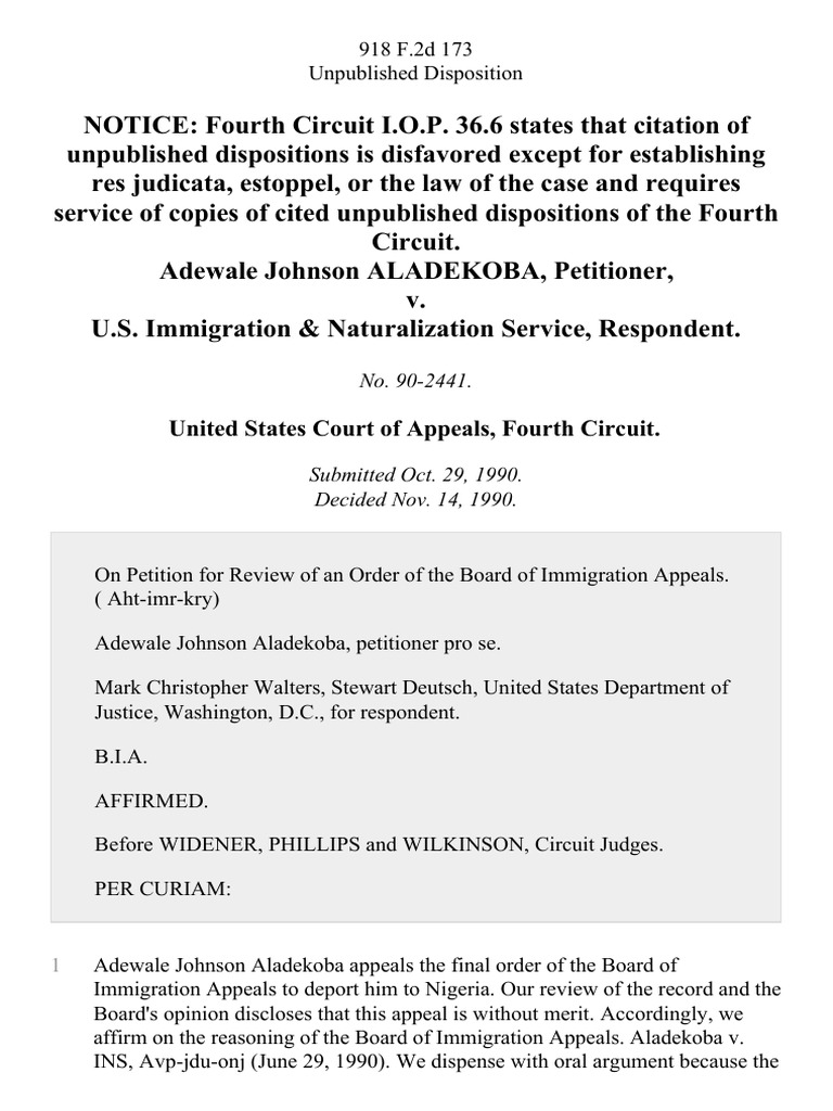 Adewale Johnson Aladekoba v. U.S. Immigration & Naturalization Service ...