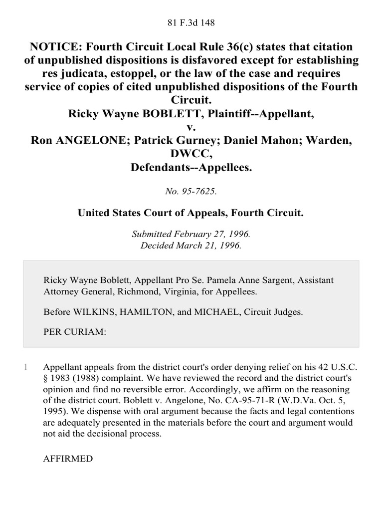 Ricky Wayne Boblett v. Ron Angelone Patrick Gurney Daniel Mahon Warden ...