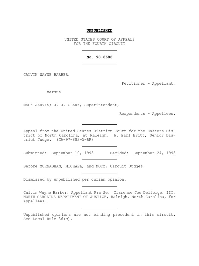 Barber v. Jarvis, 4th Cir. (1998) | PDF | Law