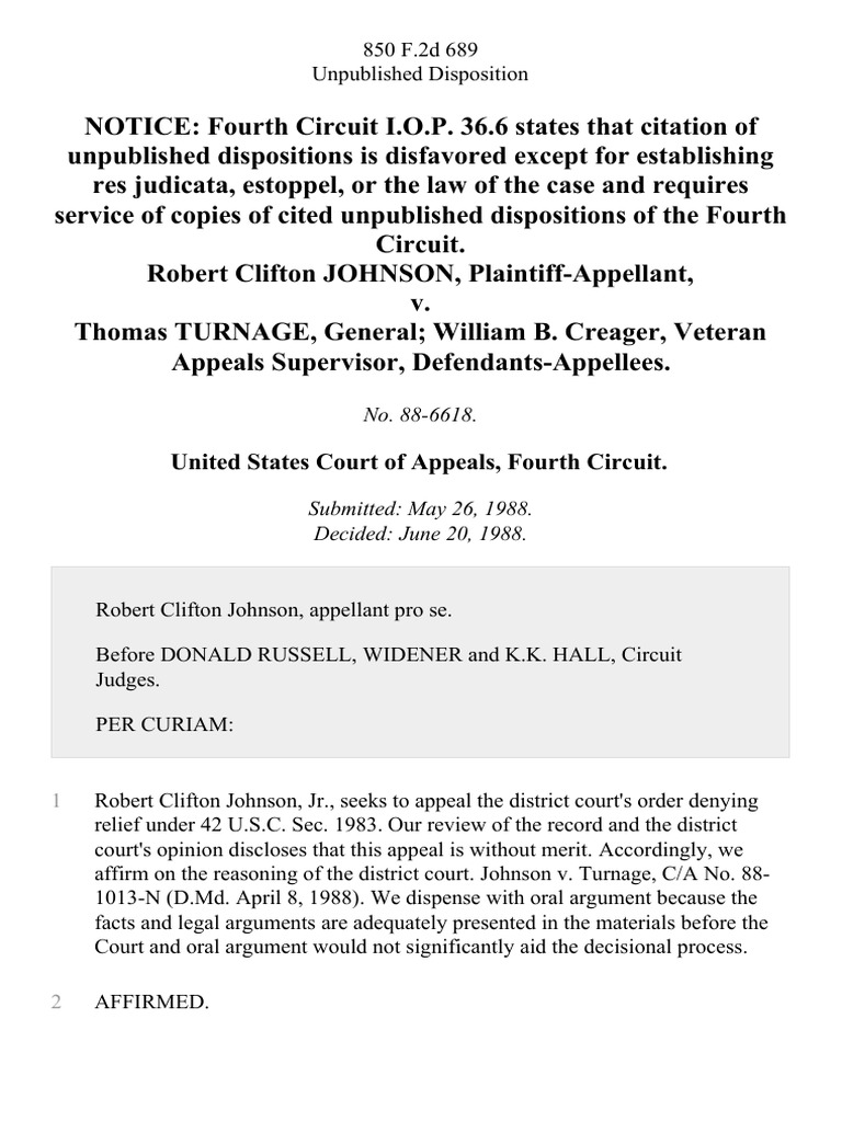 Robert Clifton Johnson v. Thomas Turnage, General William B. Creager ...