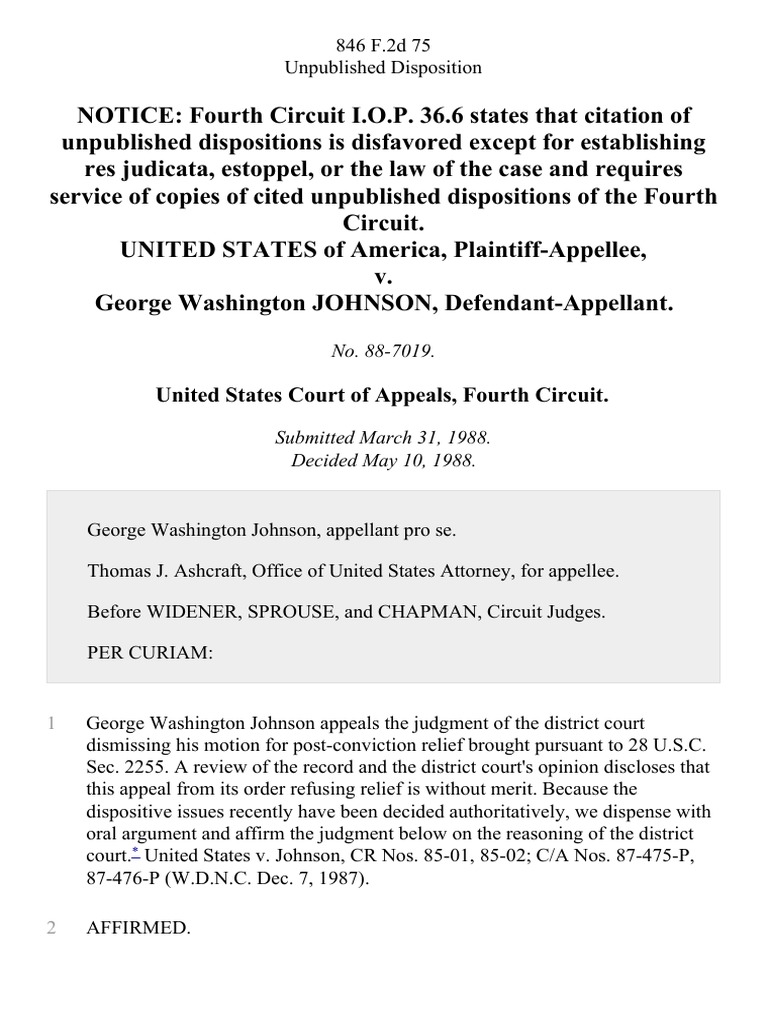 United States v. George Washington Johnson, 846 F.2d 75, 4th Cir. (1988 ...