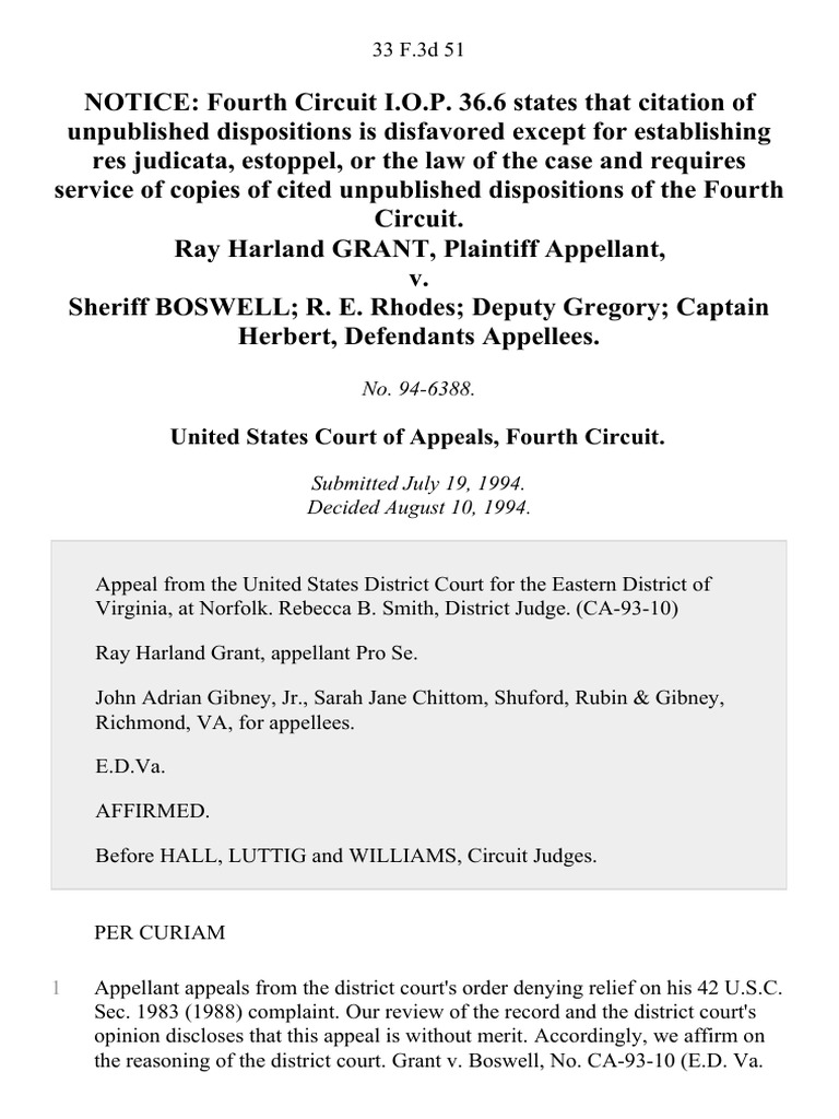 Ray Harland Grant v. Sheriff Boswell R. E. Rhodes Deputy Gregory ...