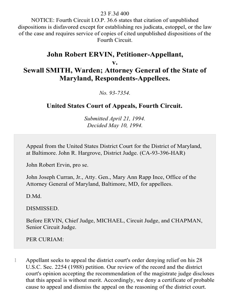 John Robert Ervin v. Sewall Smith, Warden Attorney General of The State ...