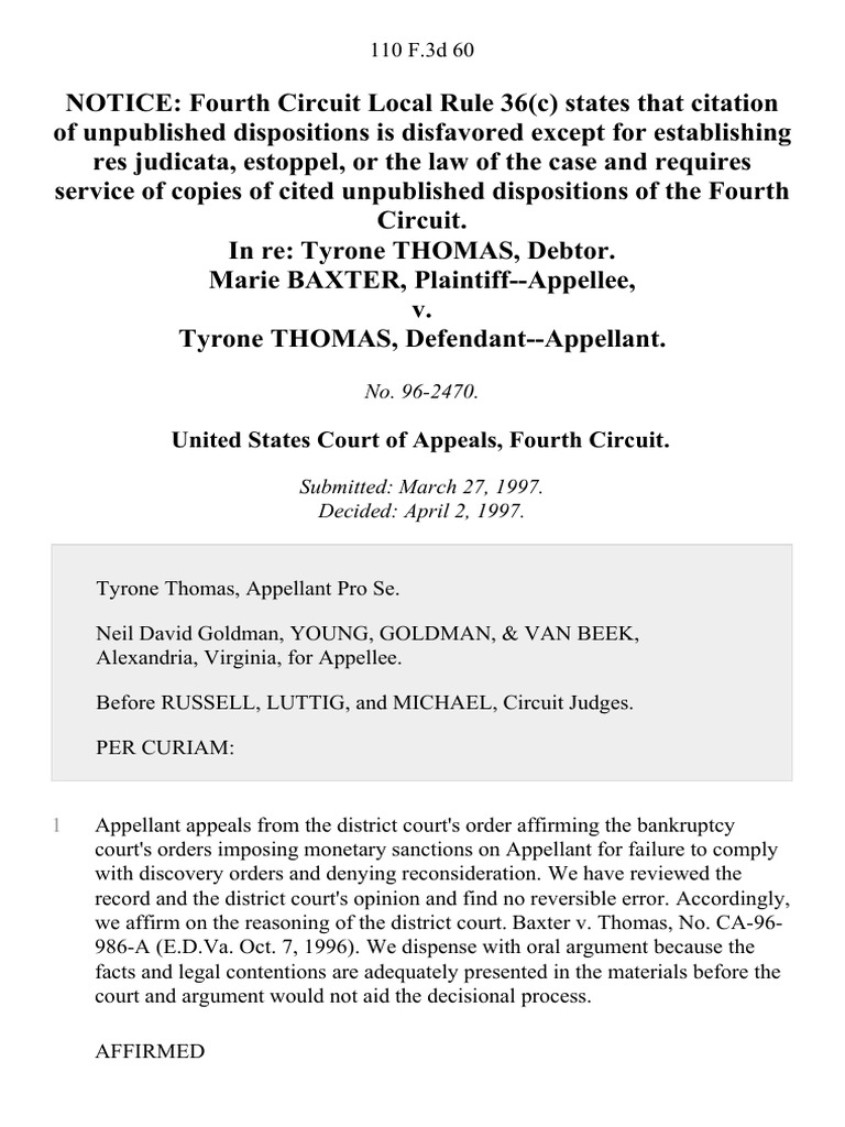 In Re: Tyrone Thomas, Debtor. Marie Baxter v. Tyrone Thomas, 110 F.3d 60, 4th Cir. (1997) | PDF