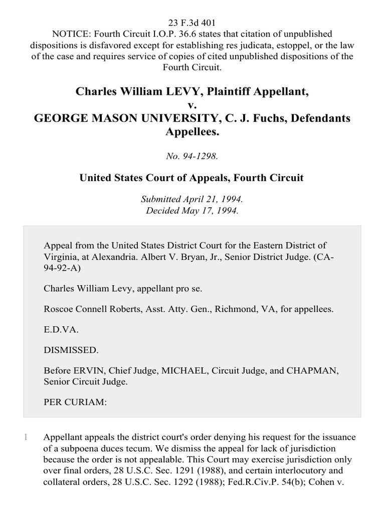 Charles William Levy v. George Mason University, C. J. Fuchs, 23 F.3d ...