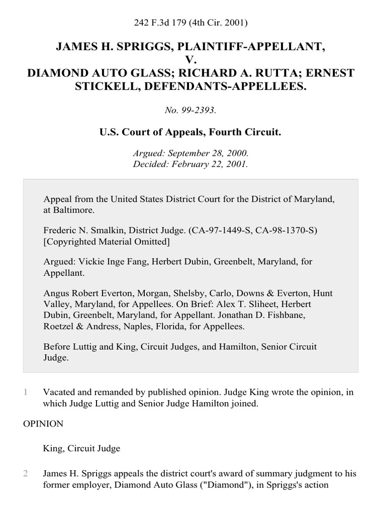 James H. Spriggs v. Diamond Auto Glass Richard A. Rutta Ernest Stickell ...