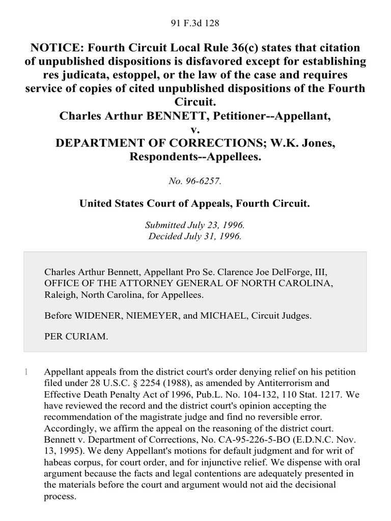 Charles Arthur Bennett v. Department of Corrections W.K. Jones, 91 F.3d ...