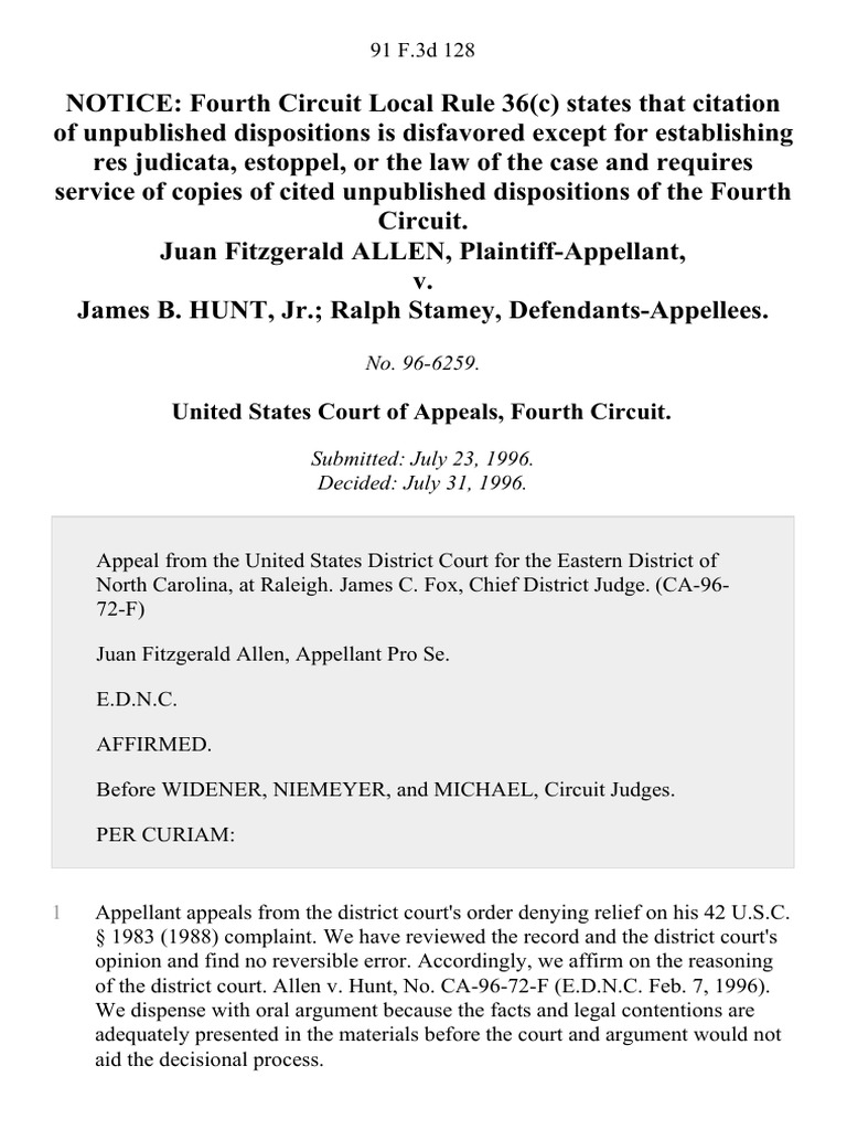 Juan Fitzgerald Allen v. James B. Hunt, Jr. Ralph Stamey, 91 F.3d 128 ...