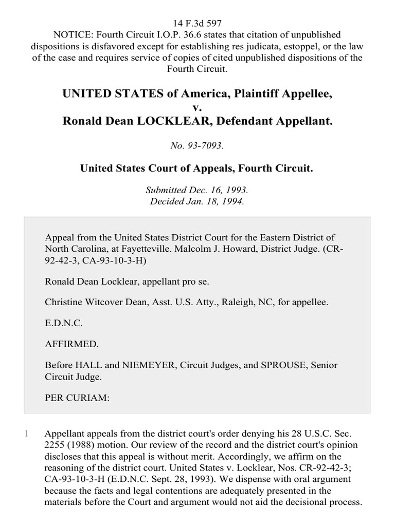 United States v. Ronald Dean Locklear, 14 F.3d 597, 4th Cir. (1994 ...