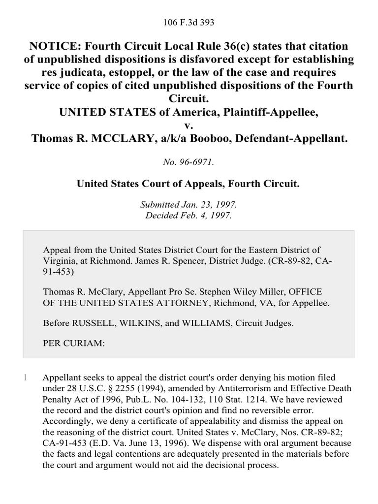 United States v. Thomas R. McClary A/K/A Booboo, 106 F.3d 393, 4th Cir ...