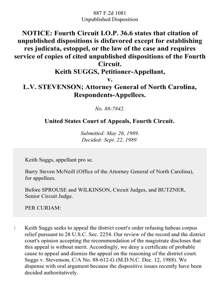 Keith Suggs v. L v. Stevenson Attorney General of North Carolina, 887 F ...