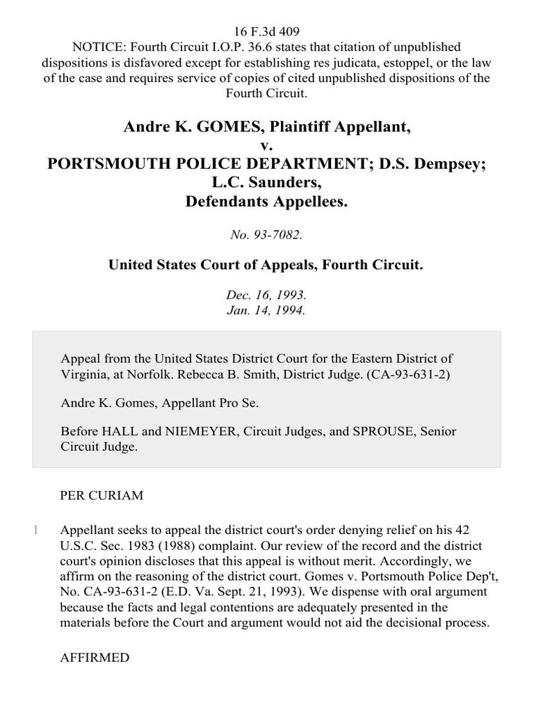 Andre K. Gomes v. Portsmouth Police Department D.S. Dempsey L.C ...