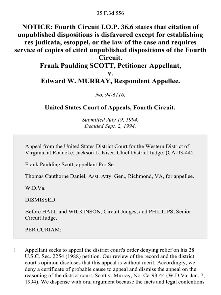 Frank Paulding Scott v. Edward W. Murray, 35 F.3d 556, 4th Cir. (1994 ...