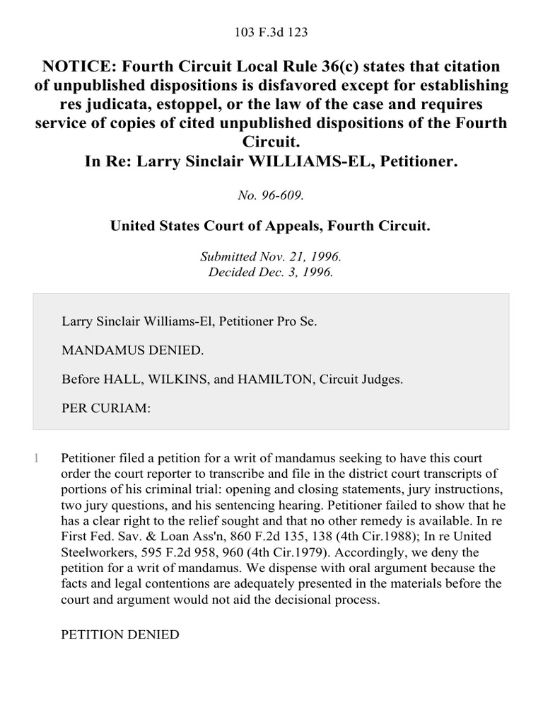 In Re: Larry Sinclair Williams-El, 103 F.3d 123, 4th Cir. (1996) | PDF