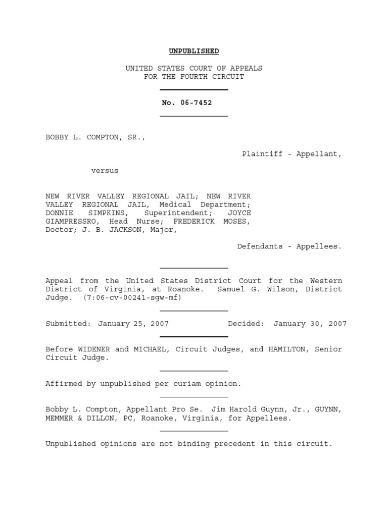 Compton v. New River Valley Reg Jail, 4th Cir. (2007) | PDF