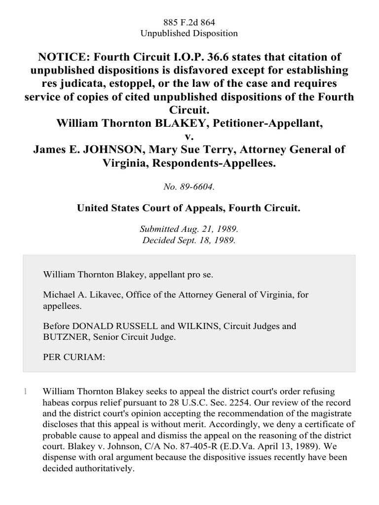 William Thornton Blakey v. James E. Johnson, Mary Sue Terry, Attorney General of Virginia, 885 F ...