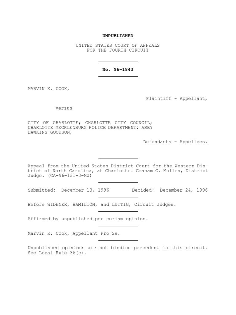 Cook v. City of Charlotte, 4th Cir. (1996) | PDF