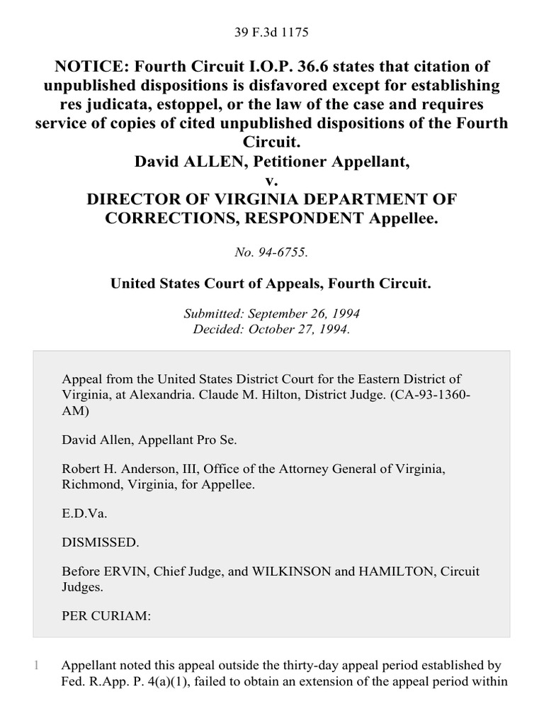 David Allen v. Director of Virginia Department of Corrections, 39 F.3d ...