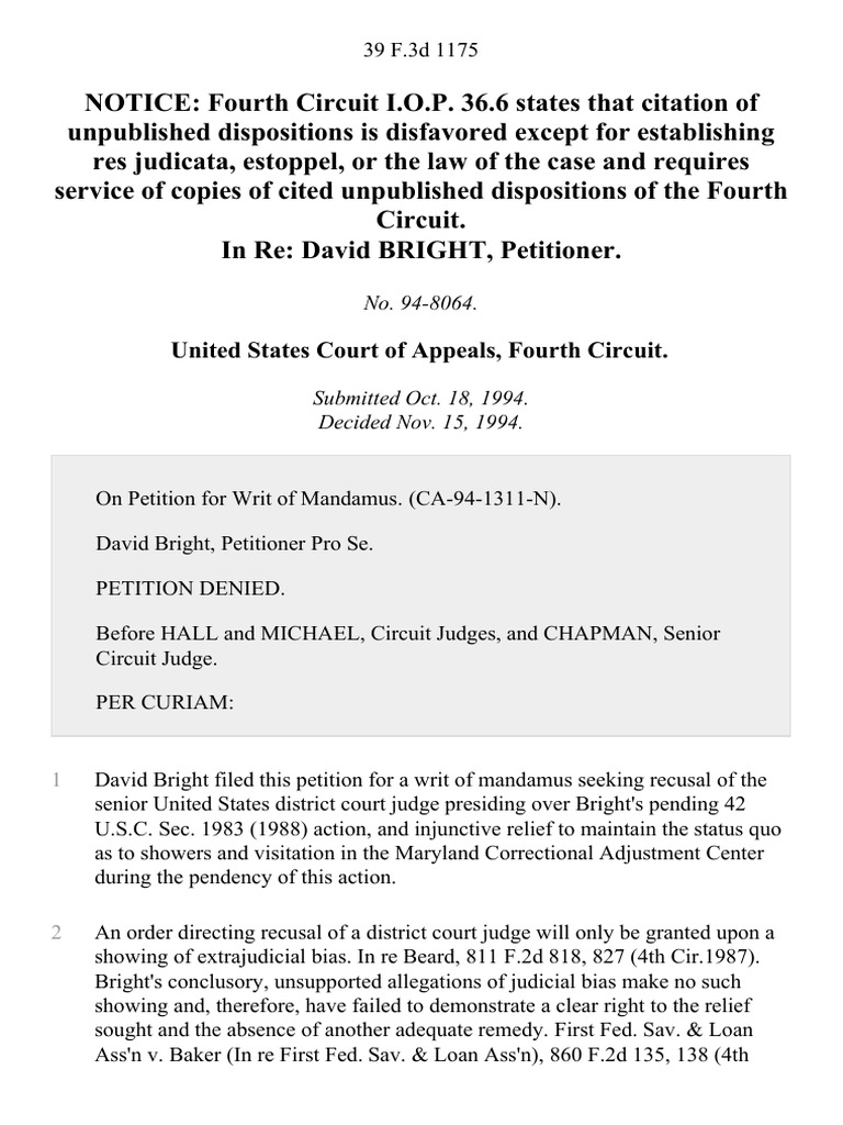 In Re: David Bright, 39 F.3d 1175, 4th Cir. (1994) | PDF