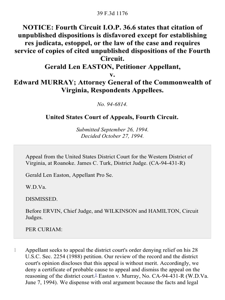Gerald Len Easton v. Edward Murray Attorney General of The Commonwealth of Virginia, 39 F.3d ...