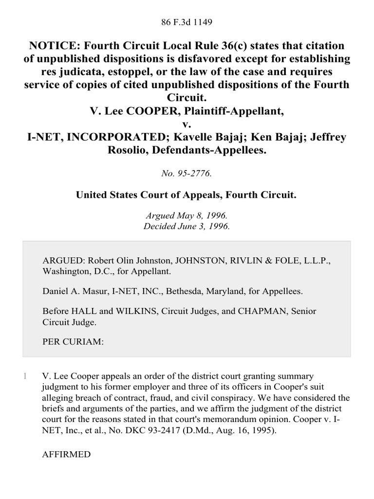 V. Lee Cooper v. I-Net, Incorporated Kavelle Bajaj Ken Bajaj Jeffrey Rosolio, 86 F.3d 1149, 4th ...