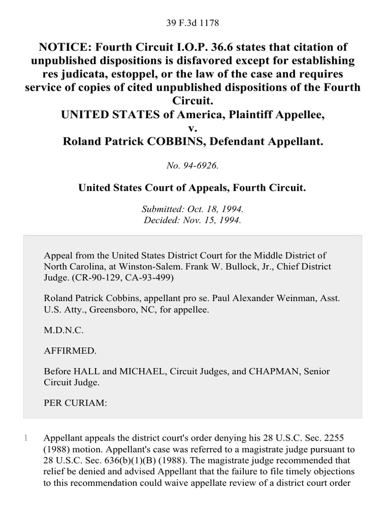 Appeal Denied: Cobbins v. USA Case Summary | PDF | Politics