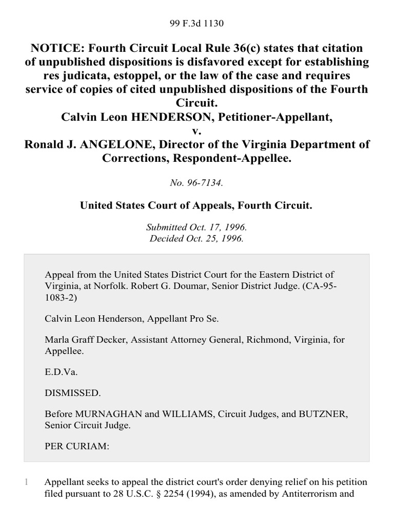 Calvin Leon Henderson v. Ronald J. Angelone, Director of The Virginia ...