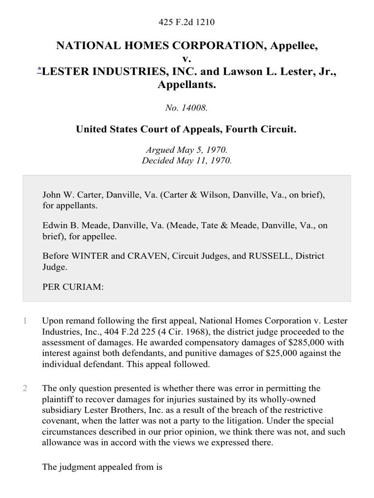 National Homes Corporation v. Lester Industries, Inc. and Lawson L ...