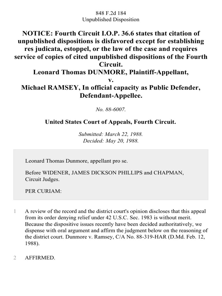 Leonard Thomas Dunmore v. Michael Ramsey, in Official Capacity As ...