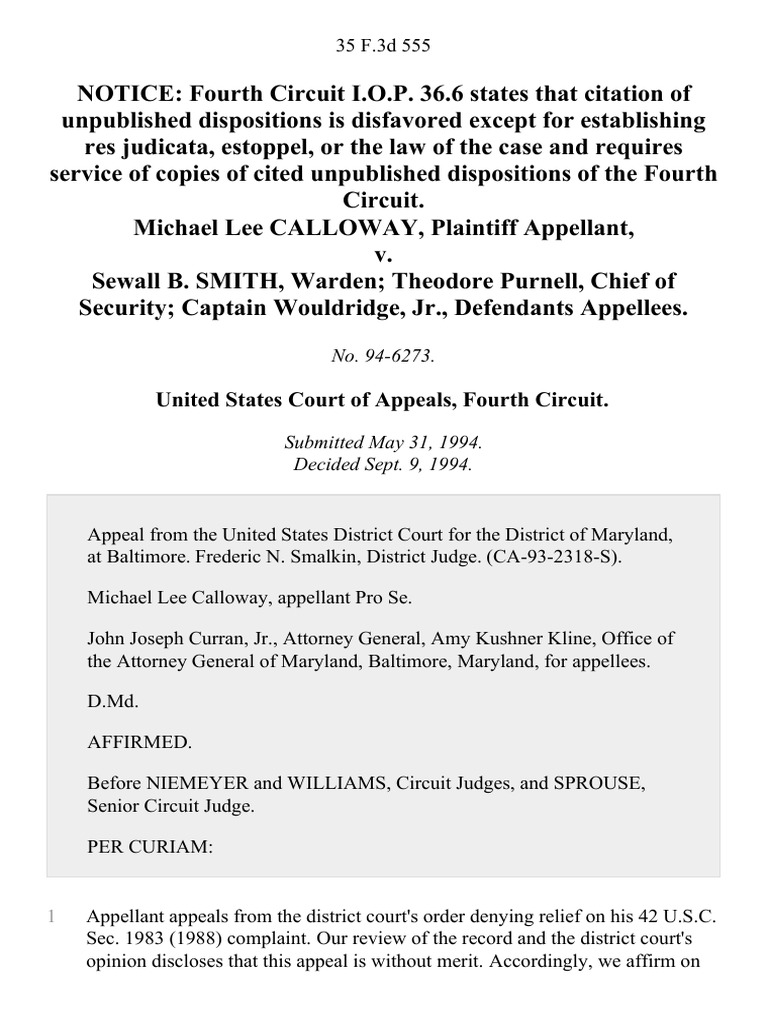 Michael Lee Calloway v. Sewall B. Smith, Warden Theodore Purnell, Chief ...