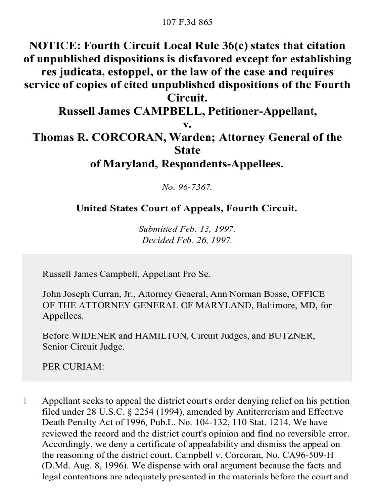 Russell James Campbell v. Thomas R. Corcoran, Warden Attorney General ...