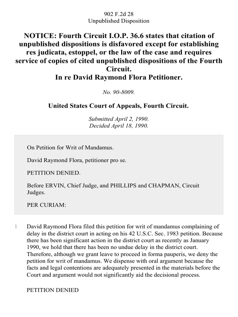In Re David Raymond Flora, 902 F.2d 28, 4th Cir. (1990) | PDF | Politics