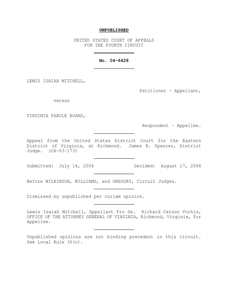 Mitchell v. Virginia Parole BD, 4th Cir. (2004) | PDF | Politics ...