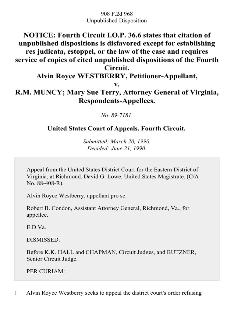 Alvin Royce Westberry v. R.M. Muncy Mary Sue Terry, Attorney General of ...