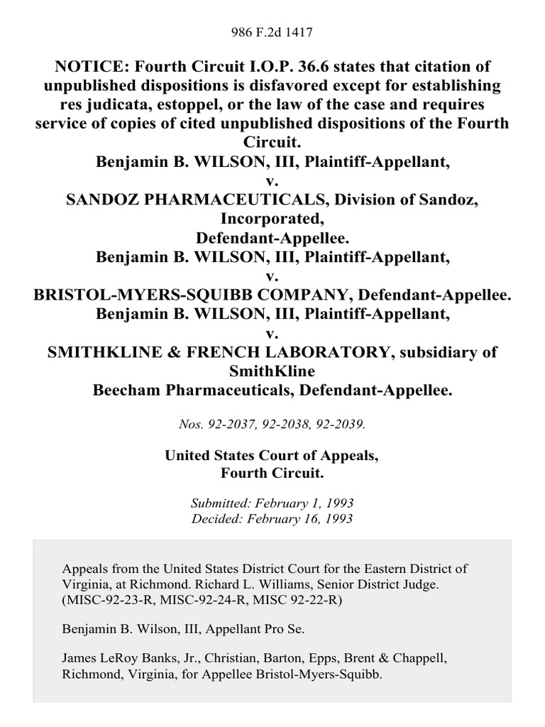 Wilson v. Sandoz et al. Appeal Ruling | PDF
