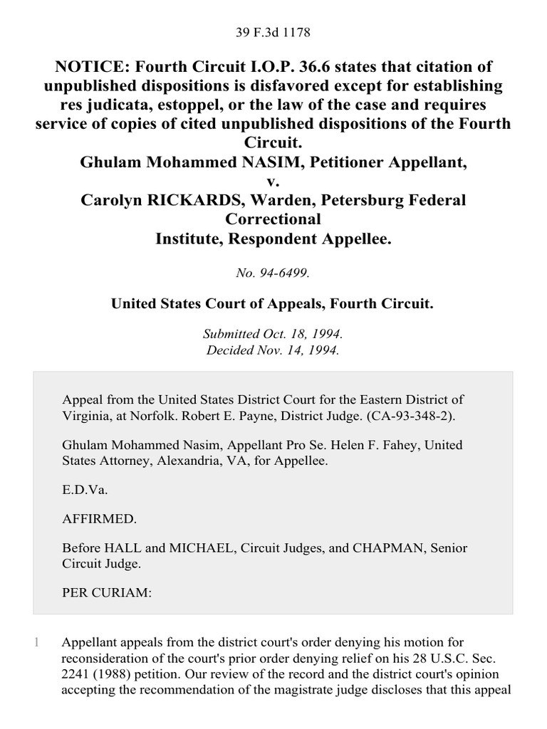 Ghulam Mohammed Nasim v. Carolyn Rickards, Warden, Petersburg Federal ...