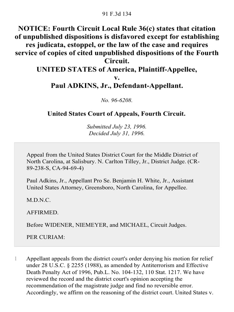 United States v. Paul Adkins, JR., 91 F.3d 134, 4th Cir. (1996) | PDF
