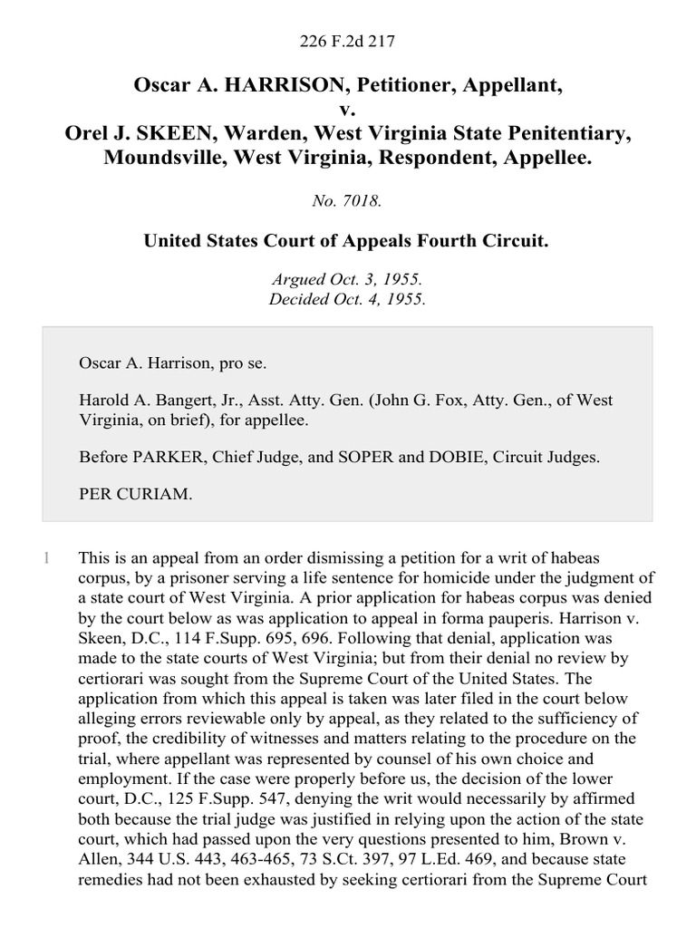 Oscar A. Harrison v. Orel J. Skeen, Warden, West Virginia State ...