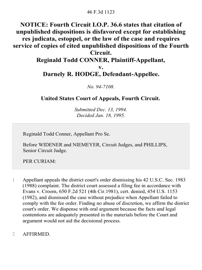 Reginald Todd Conner v. Darnely R. Hodge, 46 F.3d 1123, 4th Cir. (1995 ...