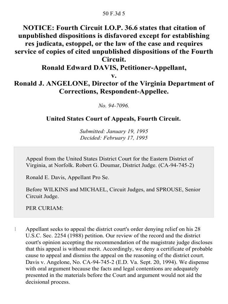 Davis v. Angelone Appeal Dismissed | PDF | Law