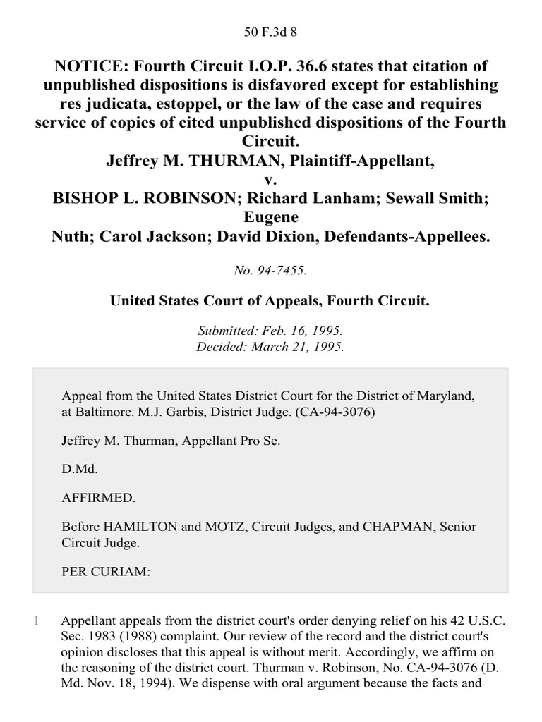 Fourth Circuit Ruling on Thurman v. Robinson | PDF | Law