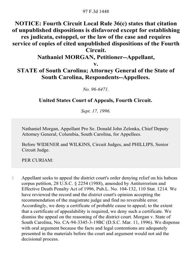 Nathaniel Morgan v. State of South Carolina Attorney General of The State of South Carolina, 97 ...