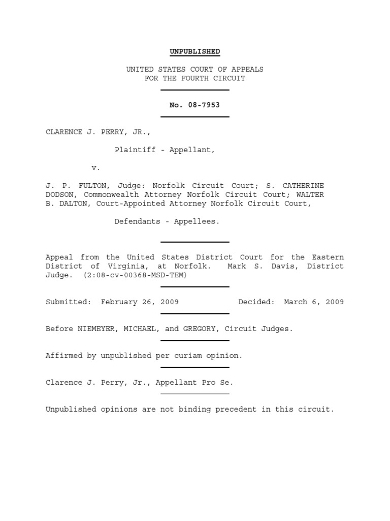 Fourth Circuit Affirms Dismissal of Perry's Civil Rights Appeal | PDF