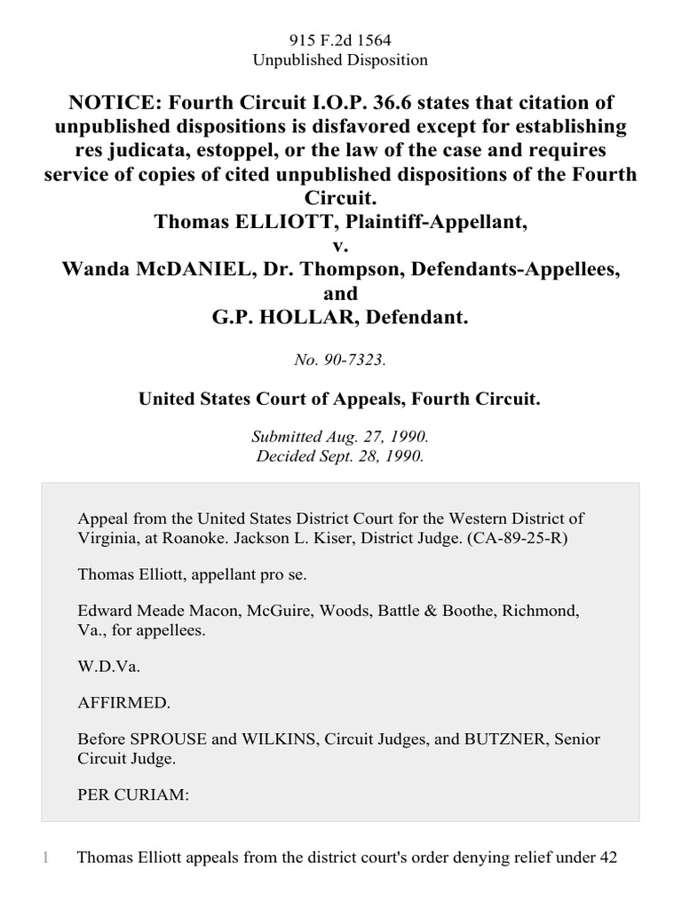 Thomas Elliott v. Wanda McDaniel Dr. Thompson, and G.P. Hollar, 915 F ...