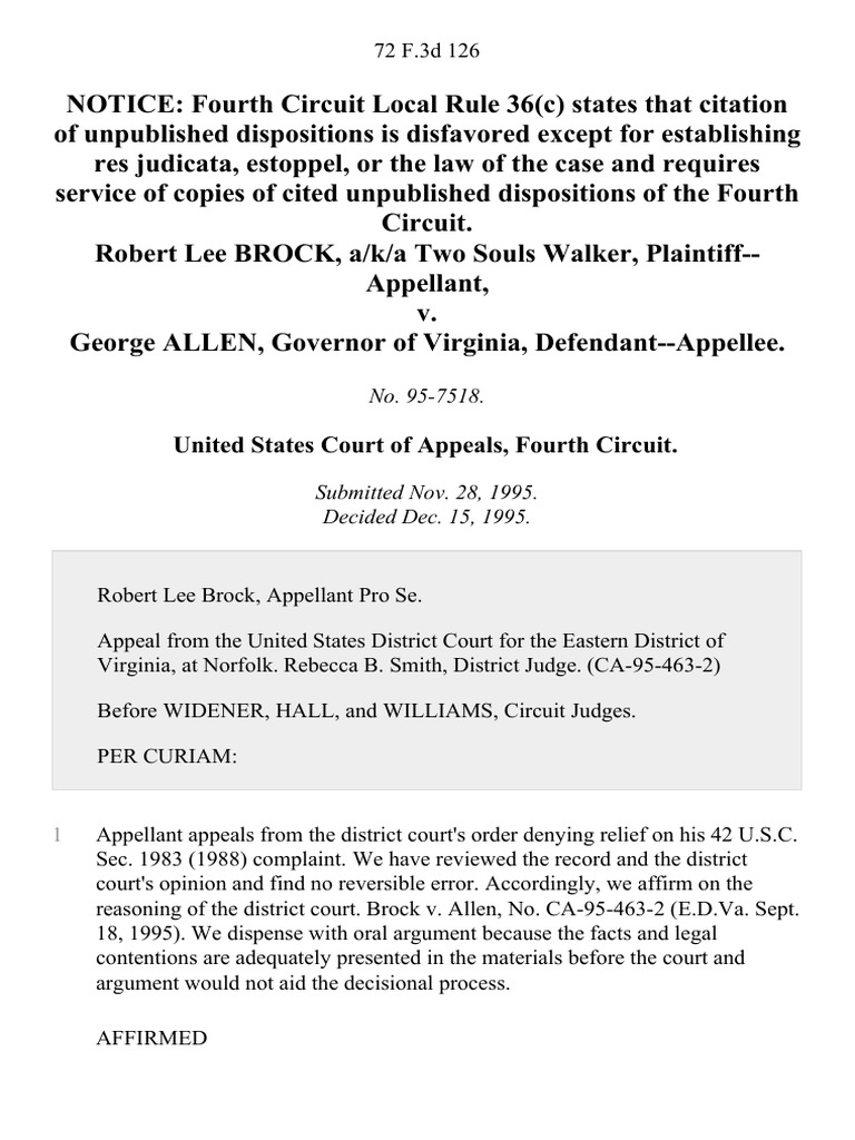 Robert Lee Brock, A/K/A Two Souls Walker v. George Allen, Governor of ...