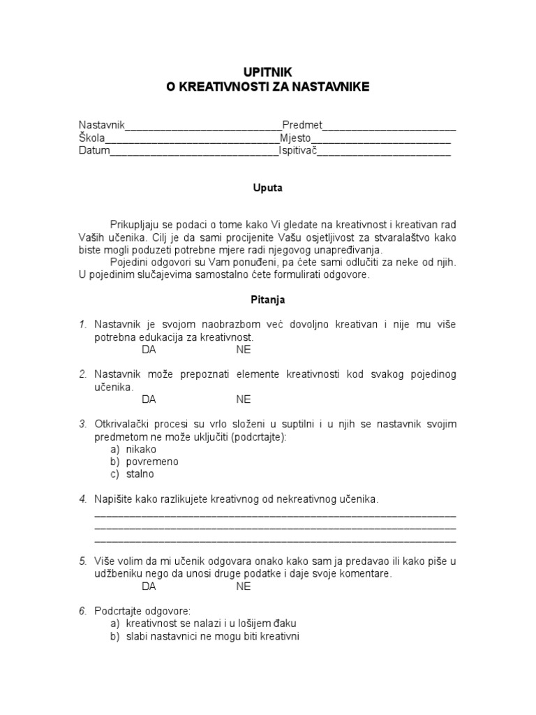 Upitnik Za Nast.-Kreativnost | PDF