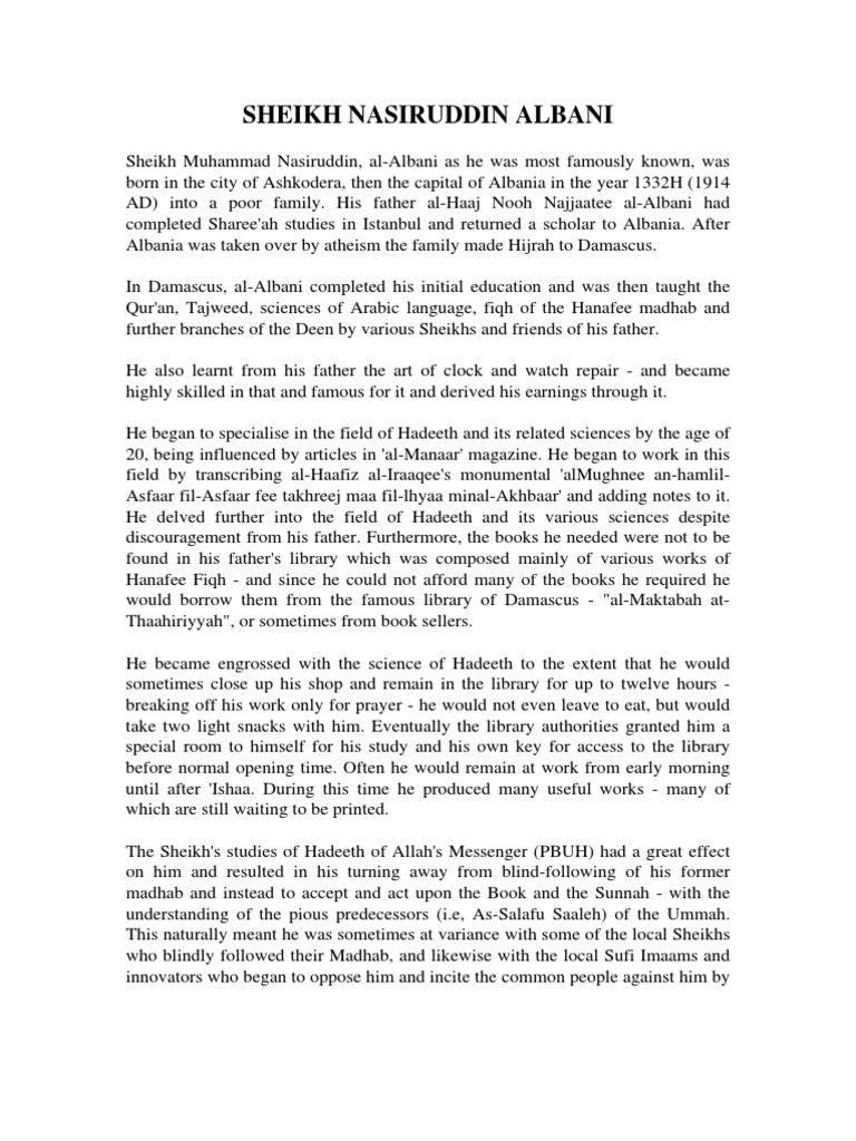 Sheikh Nasiruddin Albani: A Biography | PDF | Hadith | Islam Related ...