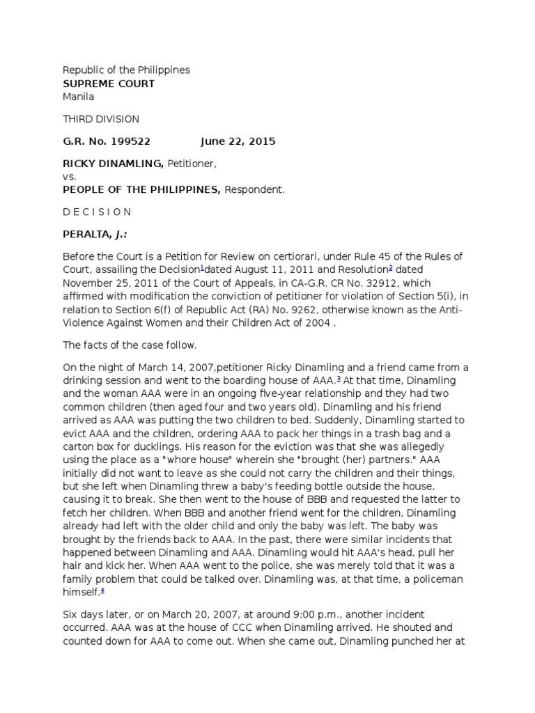 RA 9262 Case: Dinamling Decision Summary | PDF | Victimology | Crime ...